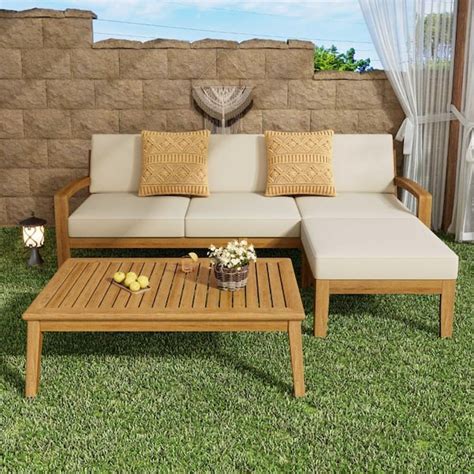 3 Piece Acacia Wood Outdoor Sectional Set With Beige Cushions Patio