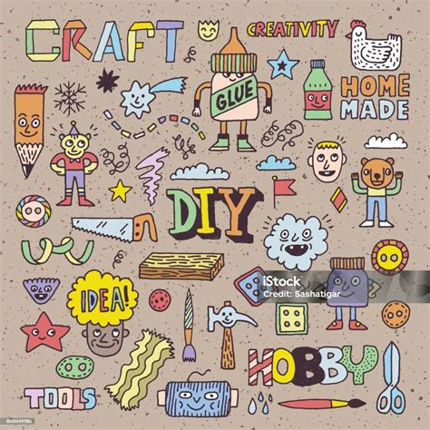 재미 있고 엉뚱한 낙서 창의력 Diy 예술 및 취미 벡터 손으로 그린 컬러 일러스트 아이에 대한 스톡 벡터 아트 및 기타 이미지 아이 Diy 공예 Istock