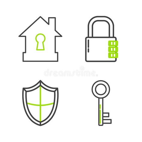 Set Line Key Shield Safe Combination Lock And House Under Protection Icon Vector Stock