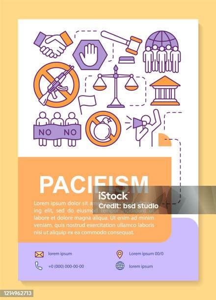 평화주의 포스터 템플릿 레이아웃입니다 선형 아이콘이있는 평화로운 데모 배너 소책자 전단지 인쇄 디자인 잡지 광고 전단지에 대한 비폭력 저항 벡터 브로셔 페이지 레이아웃 A4