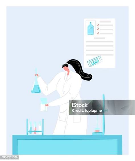 여성 연구원 연구 화학 원소 여성 캐릭터 작업 실험실 플라스크 평면 벡터 일러스트 레이 션 흰색 절연 개념에 대한 스톡 벡터