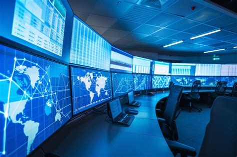 High Tech Control Room With Digital Global Map Displays And