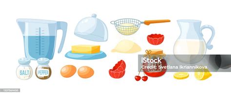 반죽 요리 와 베이킹 재료 세트 페이스트리 디저트를 준비하기 위한 주방 도구 와 기구 밀가루에 대한 스톡 벡터 아트 및 기타
