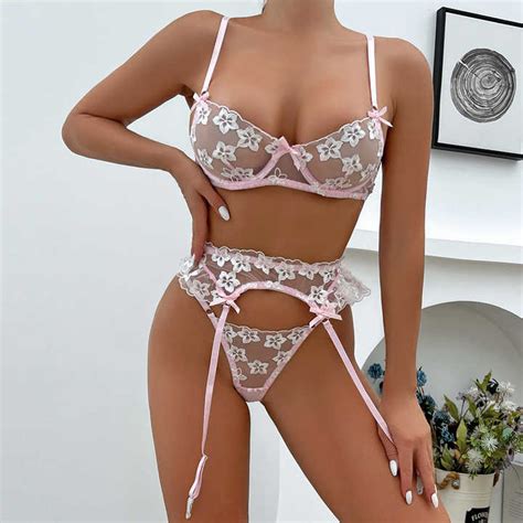 Women Sexy Set Hollow Lace Lingerie Pink Flower Three Piece