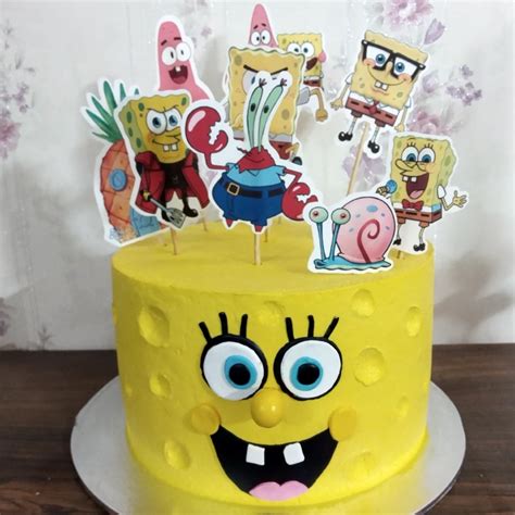 خرید و قیمت کیک تولد با تم باب اسفنجی با دیزاین چاپ خوراکی و خامه از غرفه کیک و شیرینی و محصولات