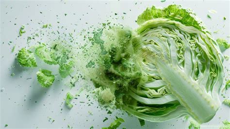Large Knife Slices Cabbage In Half With Explosion Of Shredded Cabbage