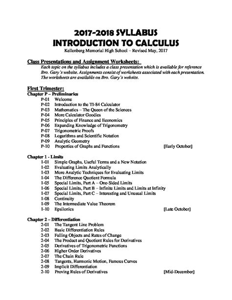 Calculus Syllabus 2017 2018 Pdf Kellenberg Memorial High School