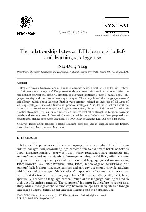 Pdf The Relationship Between Efl Learners Beliefs And Learning Strategy Use