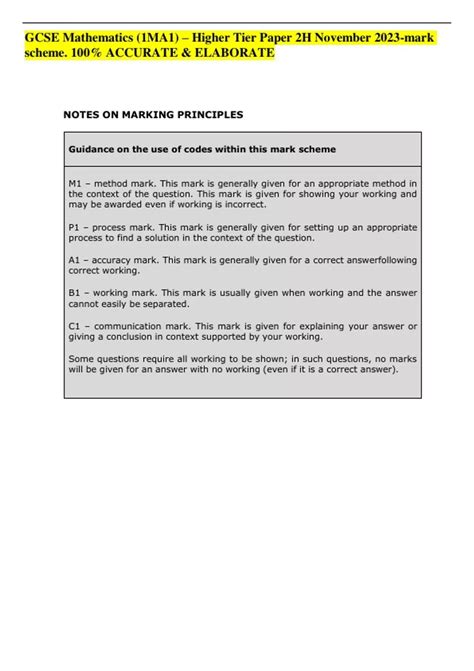 Gcse Mathematics 1ma1 Higher Tier Paper 2h November 2023 Mark Scheme Gcse Mathematics