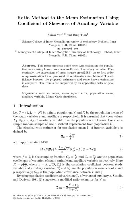 Pdf Ratio Method To The Mean Estimation Using Coefficient Of Skewness