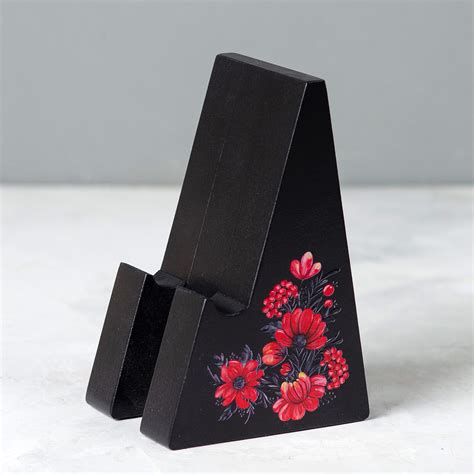 Підставка для телефону Петрос з квітами в українському стилі деревяна чорна замовлення