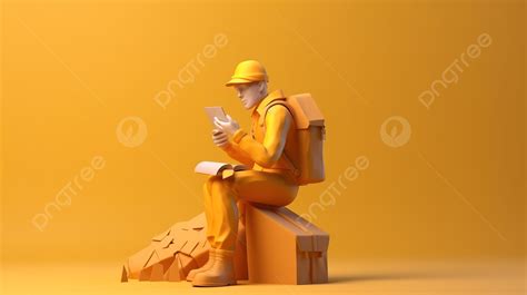 노란색 배경 앞에 앉아 있는 주황색 조각상 3d는 어깨에 가방을 얹은 택배를 렌더링하여 위치 지점 음식 배달에 걸터앉습니다