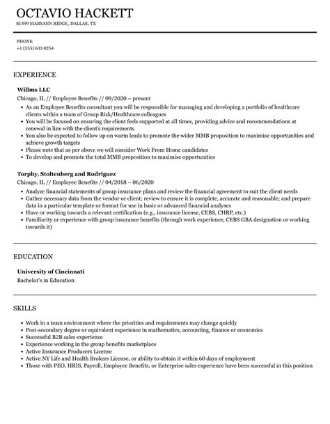 Employee Benefits Resume Samples Velvet Jobs