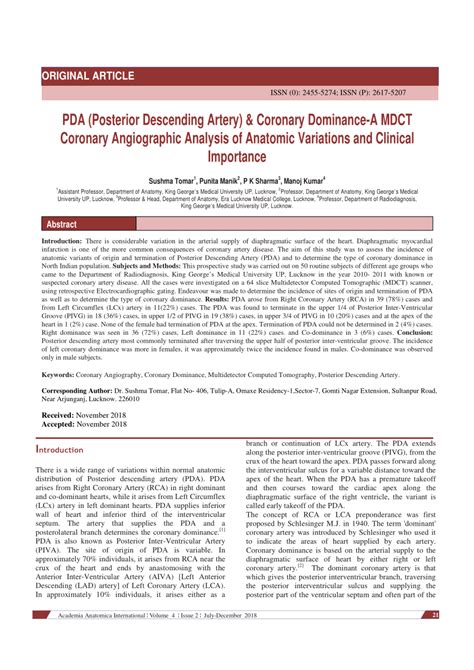 Pdf Pda Posterior Descending Artery And Coronary Dominance A Mdct Coronary Angiographic