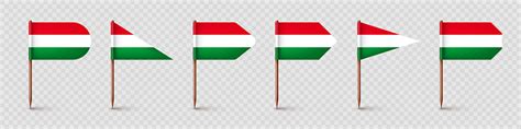 현실적인 다양한 헝가리 이쑤시개 깃발 헝가리에서 기념품 종이 깃발이 달린 나무 이쑤시개 위치 표시지도 포인터 광고 및 프로모션을위한 빈 모형 벡터 그림 고름에 대한 스톡