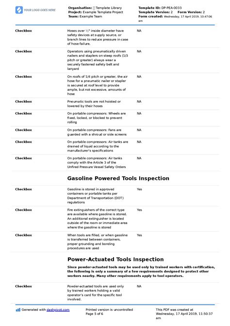 Power Tool Inspection Checklist Template Free And Edtaible Form