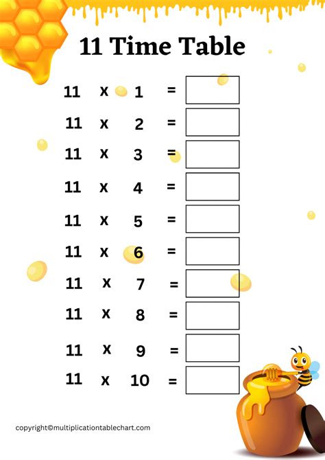 11 Times Table Worksheet [11 Multiplication Table] Free Pdf