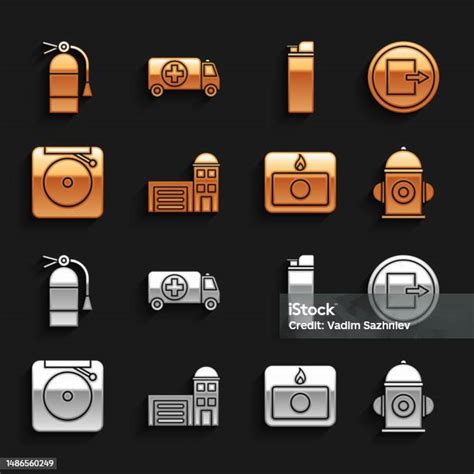 소방서 비상구 소화전 경보 시스템 울리는 종소리 라이터 소화기 및 구급차 및 응급 차량 아이콘을 설정합니다 벡터 건축하기에 대한 스톡 벡터 아트 및 기타 이미지 Istock