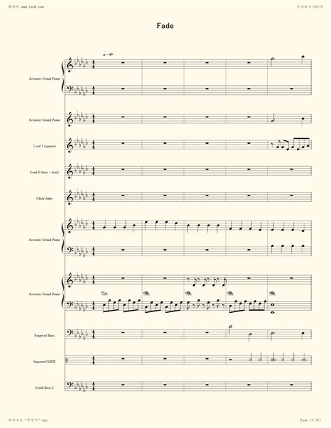 《fade 钢琴谱》alan Walker（五线谱 钢琴曲 指法） 弹吧 蛐蛐钢琴网