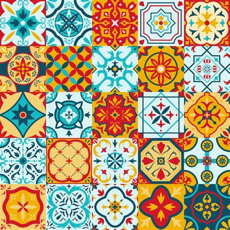 멕시코 탈라베라 포르투갈 아줄레호 전통 세라믹 타일 패턴 장식 민족 장식 세라믹 타일 벡터 일러스트 레이 션 세트 패치워크 민속 무늬 타일 프리미엄 벡터