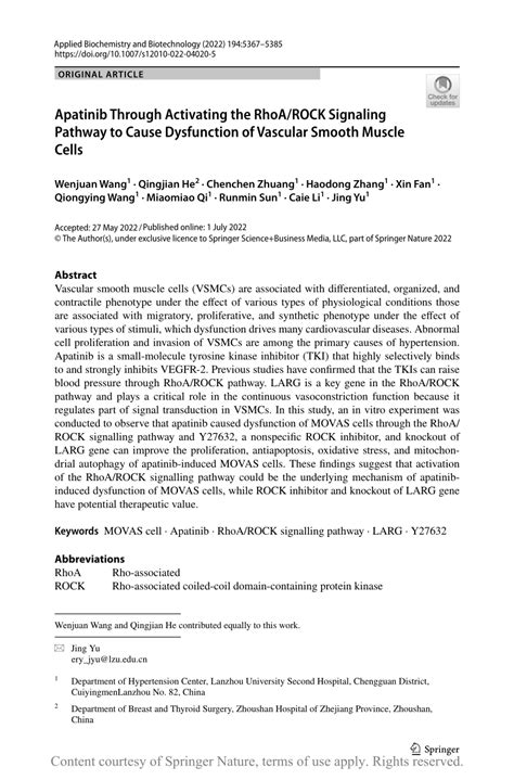 Apatinib Through Activating The Rhoarock Signaling Pathway To Cause