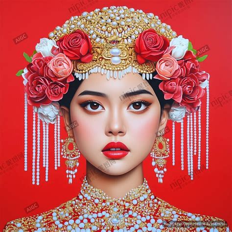 Ai创作图手绘新娘中式新娘 彩妆人物欣赏 新娘妆服饰 彩妆人物图 古典女孩化妆 中式新娘头饰 东方女性美女人物 中式婚礼头饰 中式花旦 中式