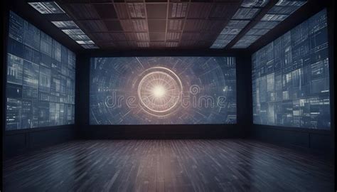 A Dark Room With A Large Screen Displaying A Glowing Circular Pattern