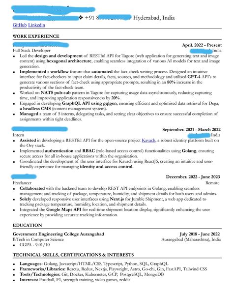 Resume Review For Fullstack Dev React Go Rresume