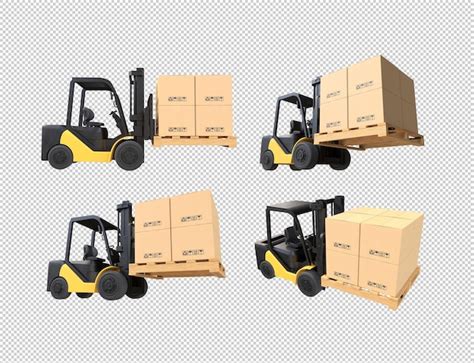 지게차가 투명한 배경에 마분지 상자가 있는 팔레트를 들어 올리고 있습니다 프리미엄 Psd 파일