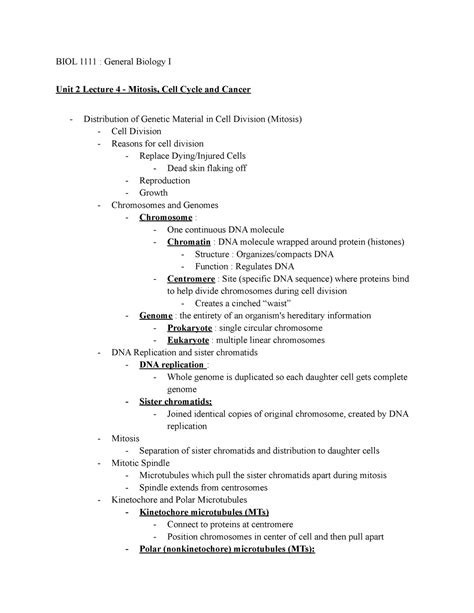 Unit 2 Lecture 4 Mitosis Cell Cycle And Cancer Biol 1111 General Biology I Unit 2 Lecture