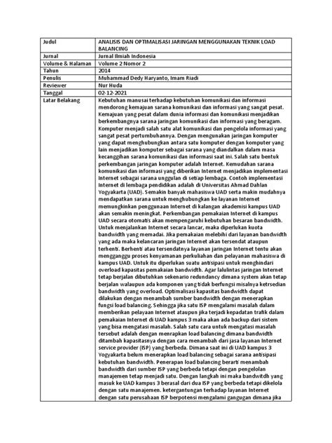 Analisis Dan Optimalisasi Jaringan Menggunakan Teknik Load Balancing Pdf