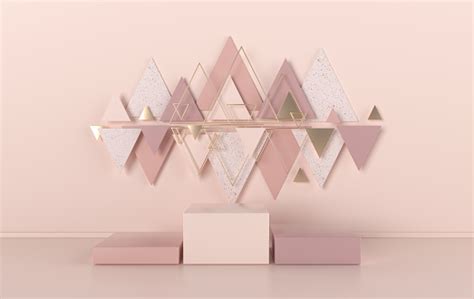 기하학적 모양의 3d 렌더링 스튜디오 바닥에 연단 제품 프레젠테이션을 위한 플랫폼 배경 모의 최소한의 디자인 핑크와 골드 색상의 추상적 구성 개념에 대한 스톡 사진 및 기타