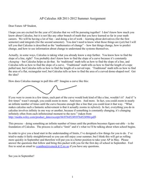 Ap Calculus Ab Summer Assignment Review And Limits Intro