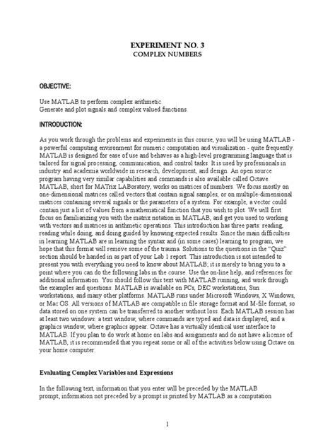 Experiment 3 Pdf Matlab Complex Number