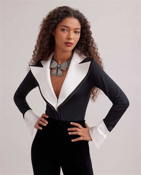 Black Bodysuit With White Oversized Lapel Womens Luxury Bodysuits