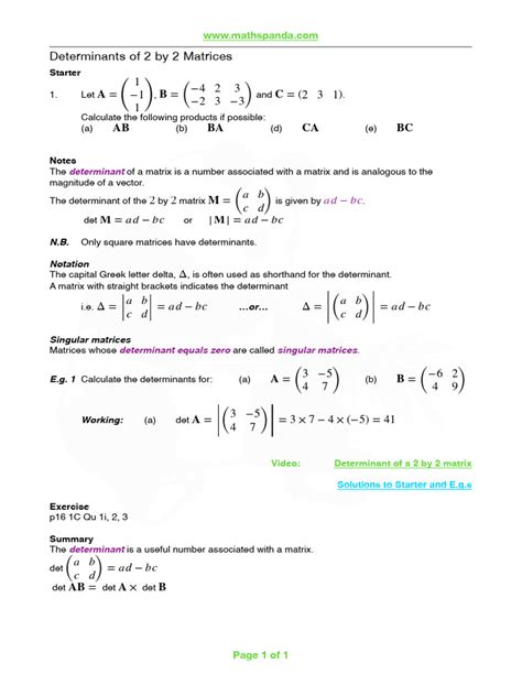 determinants of 2 by 2 matrices lesson pdf determinant matrix mathematics