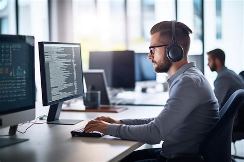 man programmer wearing headset working in office typing website code on