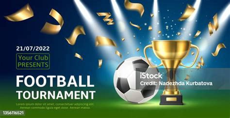 축구 리그 토너먼트 포스터 황금 우승자 컵축구공 플라잉 색종이 스포츠 대회 초청 배너 게임 시상식 챔피언십 광고 벡터 컨셉 축구에 대한 스톡 벡터 아트 및 기타 이미지