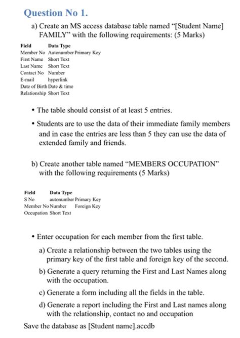 Solved Question No 1 A Create An Ms Access Database Table