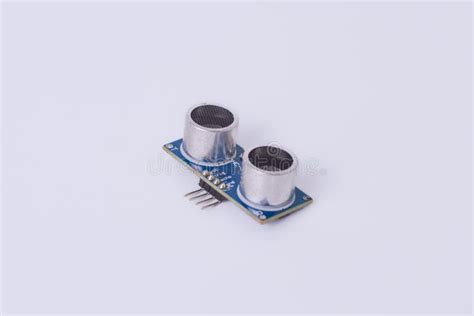 Side View Of Hc Sr Ultrasonic Sensor Module On White Background Stock Image Image Of