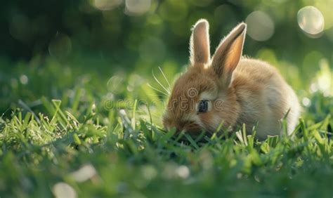 Close Up Of A Bunny Munching On Fresh Green Grass Stock Image Image