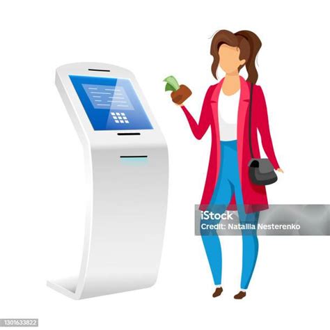 뱅크 터미널 플랫 컬러 벡터 얼굴없는 캐릭터를 사용하는 여성 흰색 배경에 자동 점쟁이 기계 고립 만화 일러스트 근처 돈을 가진 소녀 현금 셀프 서비스 장비 지불에 대한 스톡