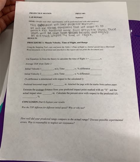 PROJECTILE MOTION PHYS LAB REPORT Name S GOAL Chegg Com