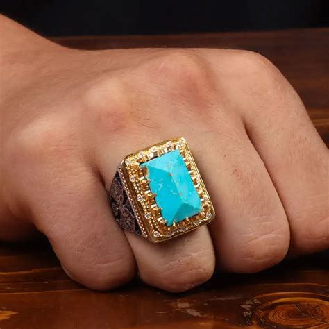 Handcrafted Mens Pure Turquoise Ring With Moissanite And Tulip Motif