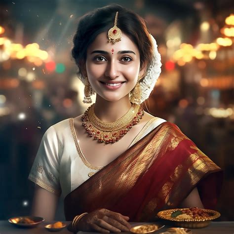 Premium Photo Happy Young Pretty Indian Girl In A Saree With Jewelry