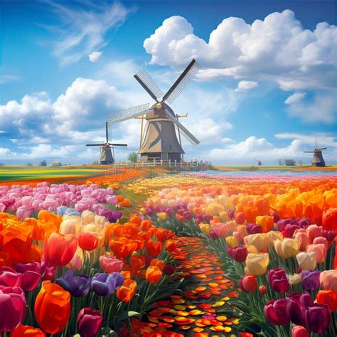 Beautiful Iconic View Of Tulip Fields In Netherlands With Windmill Stock Illustration