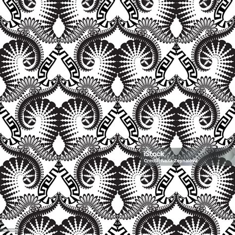 재미 있는 흑인과 백인 민족 그리스어 벡터 완벽 한 패턴입니다 단색 장식 빈티지 배경입니다 손으로 그린 하프톤 페이 즐 리 꽃
