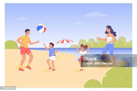 해변 벡터 일러스트레이션에서 좋은 시간을 보내는 가족 가족에 대한 스톡 벡터 아트 및 기타 이미지 가족 놀기 디자인 Istock