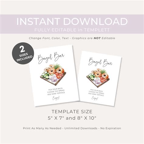 Bagel Bar Sign Printable Brunch Table Sign Editable Template Bridal