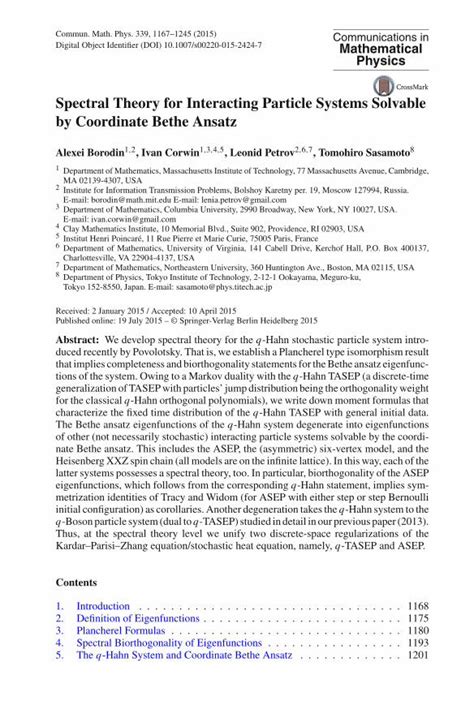 Pdf Spectral Theory For Interacting Particle Systems Solvable · Spectral Theory For